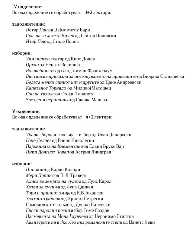Список со лектири за основно образование