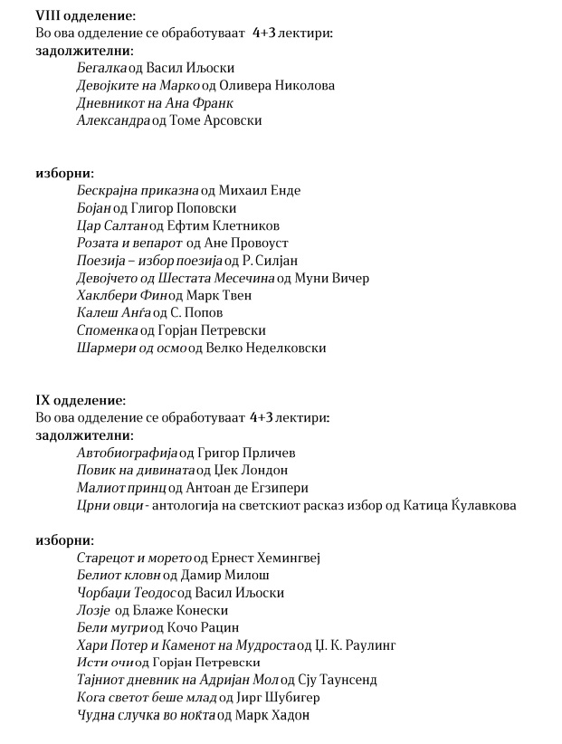 Список со лектири за основно образование